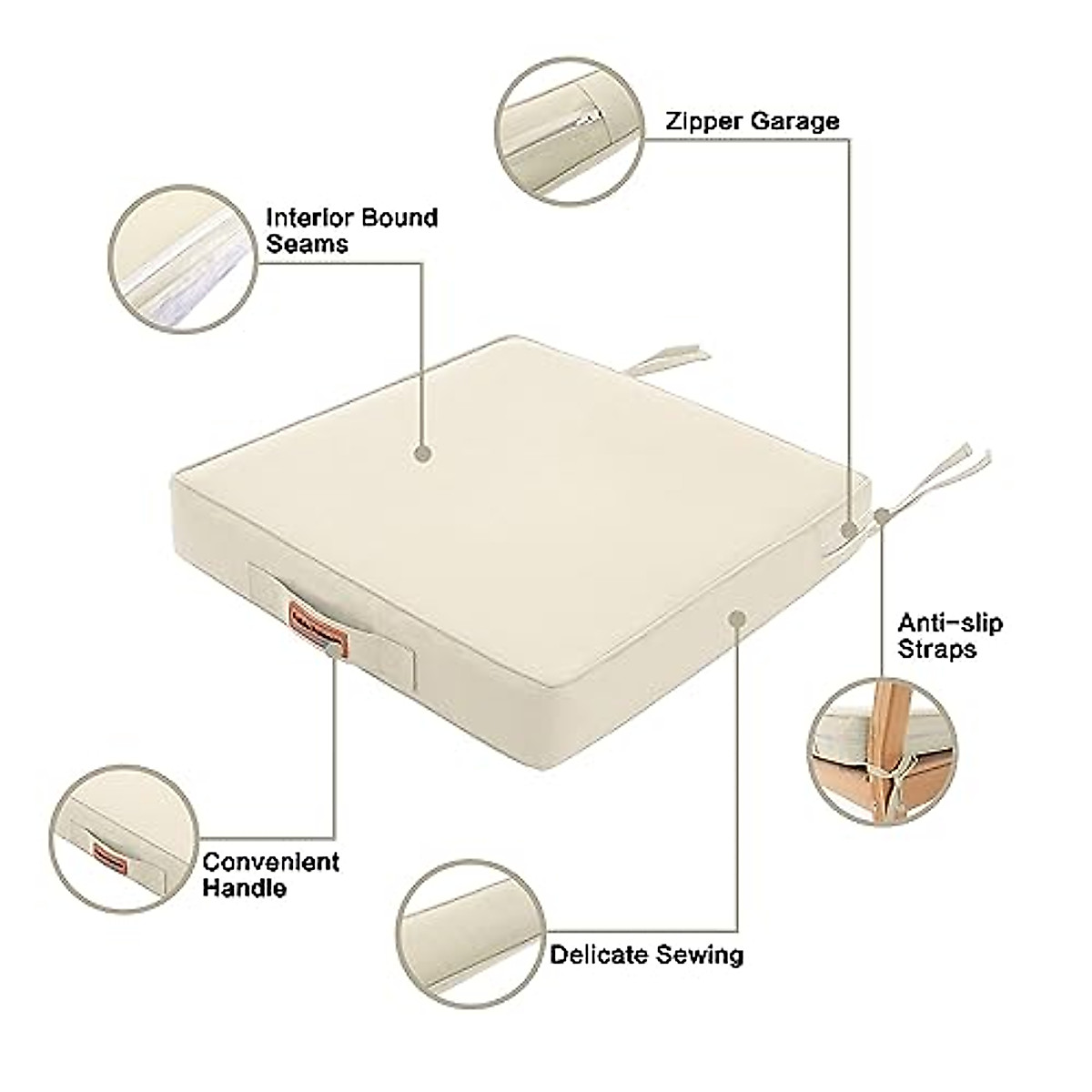 Faible Poisson Outdoor Chair Cushions, 18 x 18 Inch Waterproof Patio Furniture Back & Deep Seat Cushion Set with Handle and Anti-Slip Straps for Indoor Garden Camping, Plain Beige