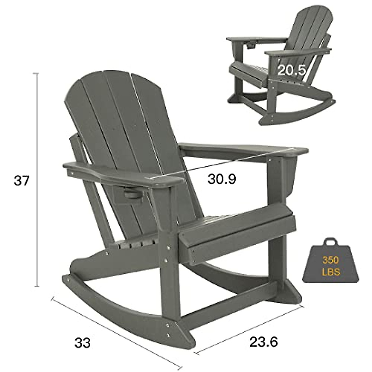 doubob Outdoor Patio Rocking Adirondack Rocker Modern Plastic Weather Resistant HDPE Lawn Chair for Porch, Garden Fire Pit Beach Backyard, Extra Large, Grey