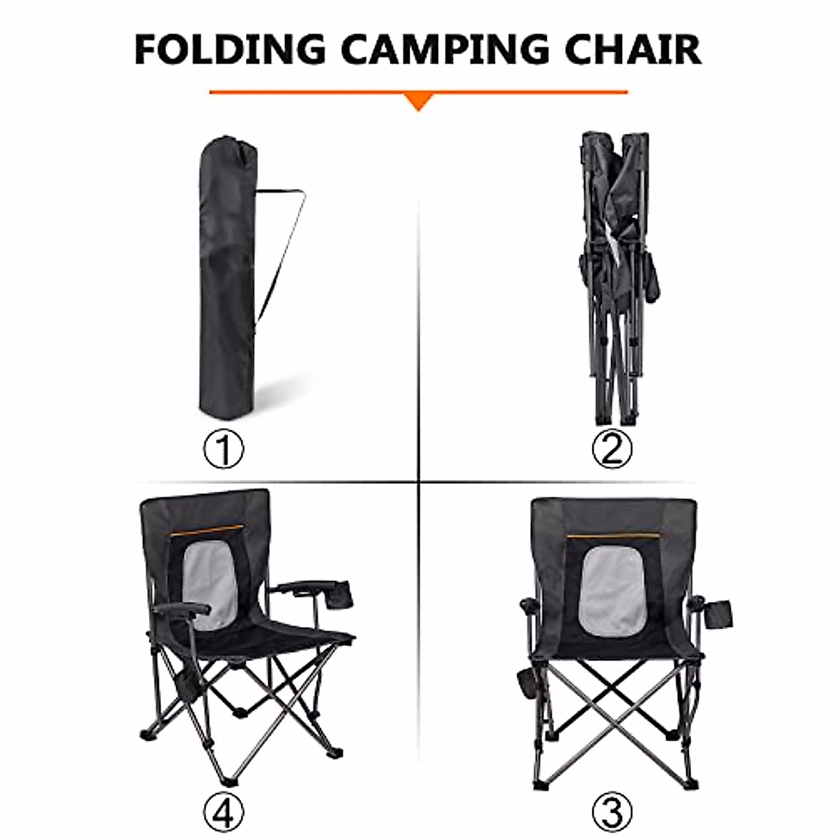 PORTAL Comfortable Portable Lawn Lightweight Foldable Outdoor Camp Chair for Adults, Supports up to 300 lbs, Black
