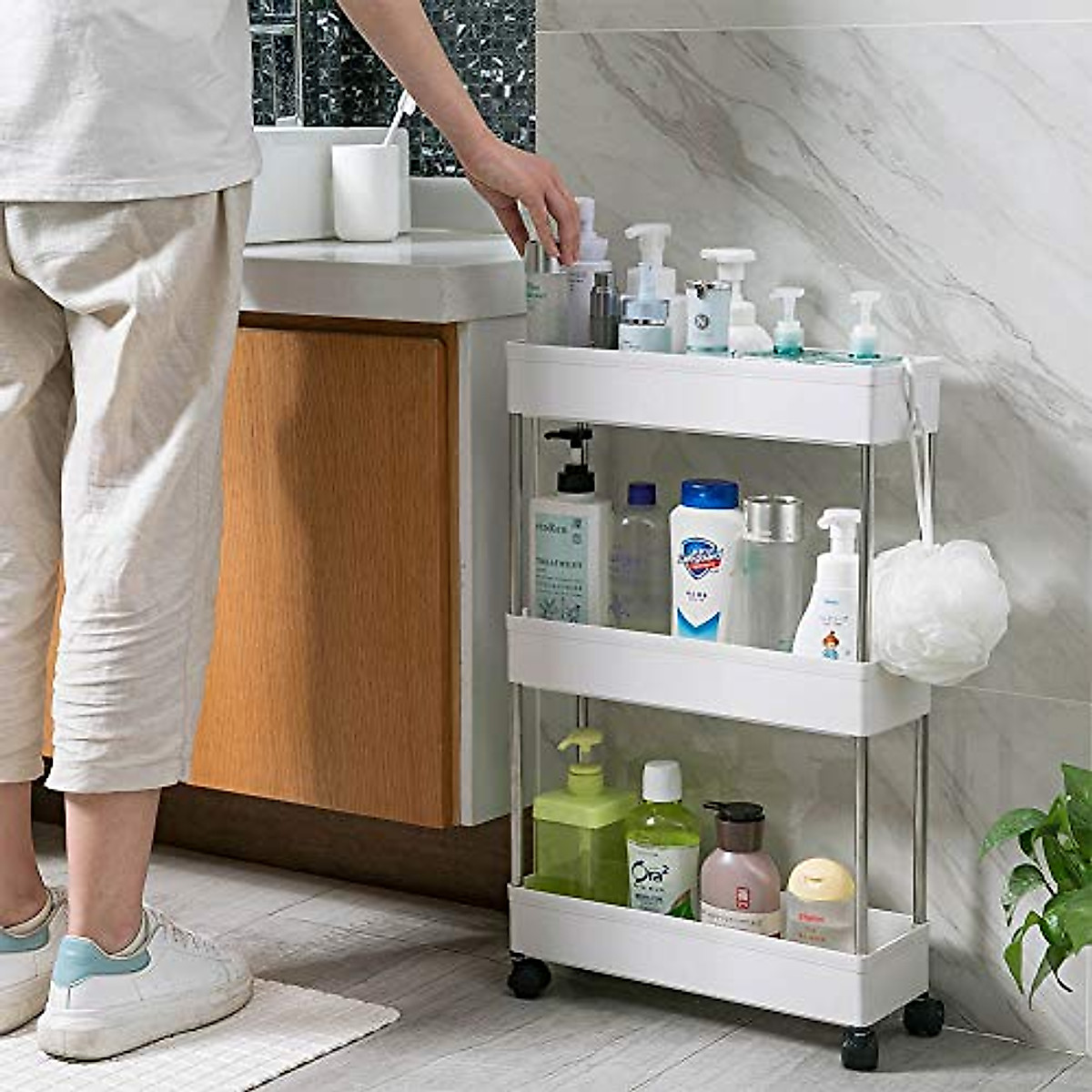 Modern Home 4 Tier Narrow Sliding Storage Organizer Rack - Laundry/Bathroom/Kitchen Rolling Cart (White)