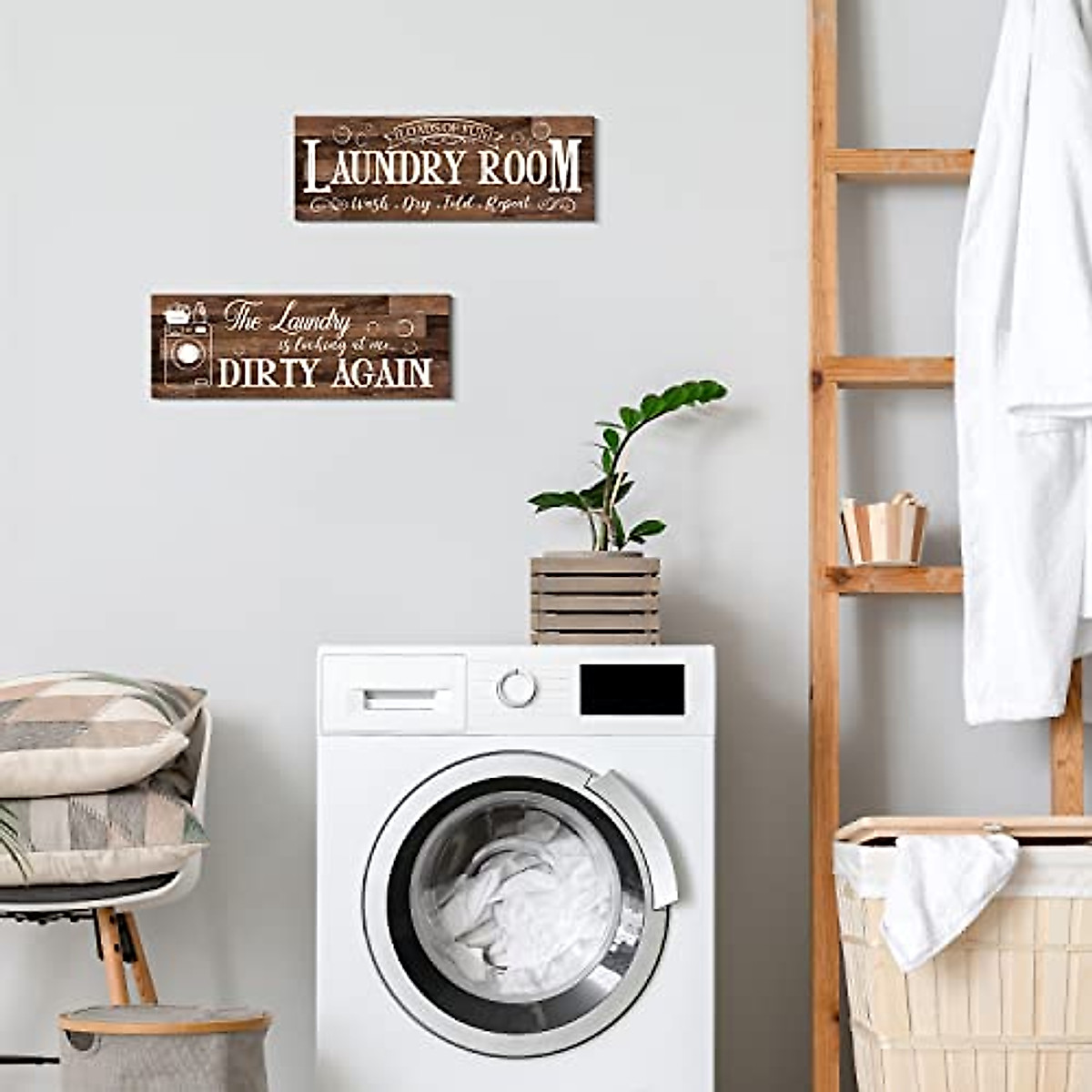 Creoate Laundry Room Decor, 2 Pieces Laundry Sign Wall Decor Funny Laundry Room Rules Decor Rustic Family White Wood Sign Hanging Plaque for Laundry Bathroom Wall Decor (Brown)