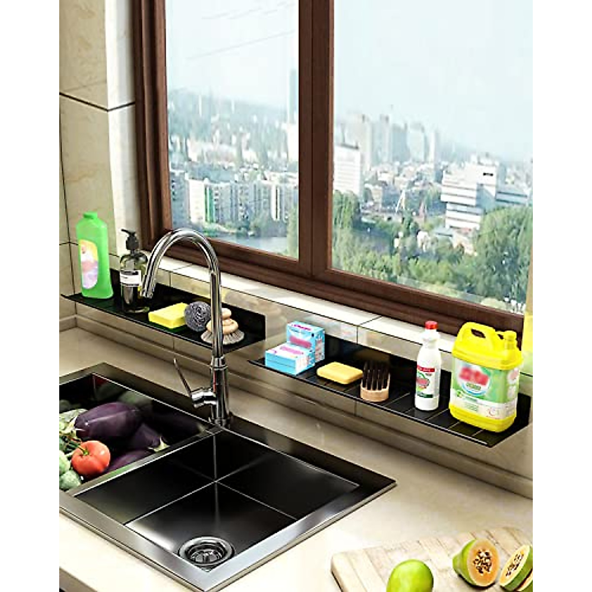 Amythe Floating Wall Shelf, Floating Shelves Wall Mounted for Bathroom/Kitchen/Laundry Room/Over-The-Toilet Storage, No Drilling Rustproof Space Aluminum Bathroom Shelf, Black, 11.8 inches