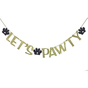 Let's Pawty Banner Sign Garland for Pet Birthday Party Decor Dog Pawty Photo Prop Backdrop (Gold)