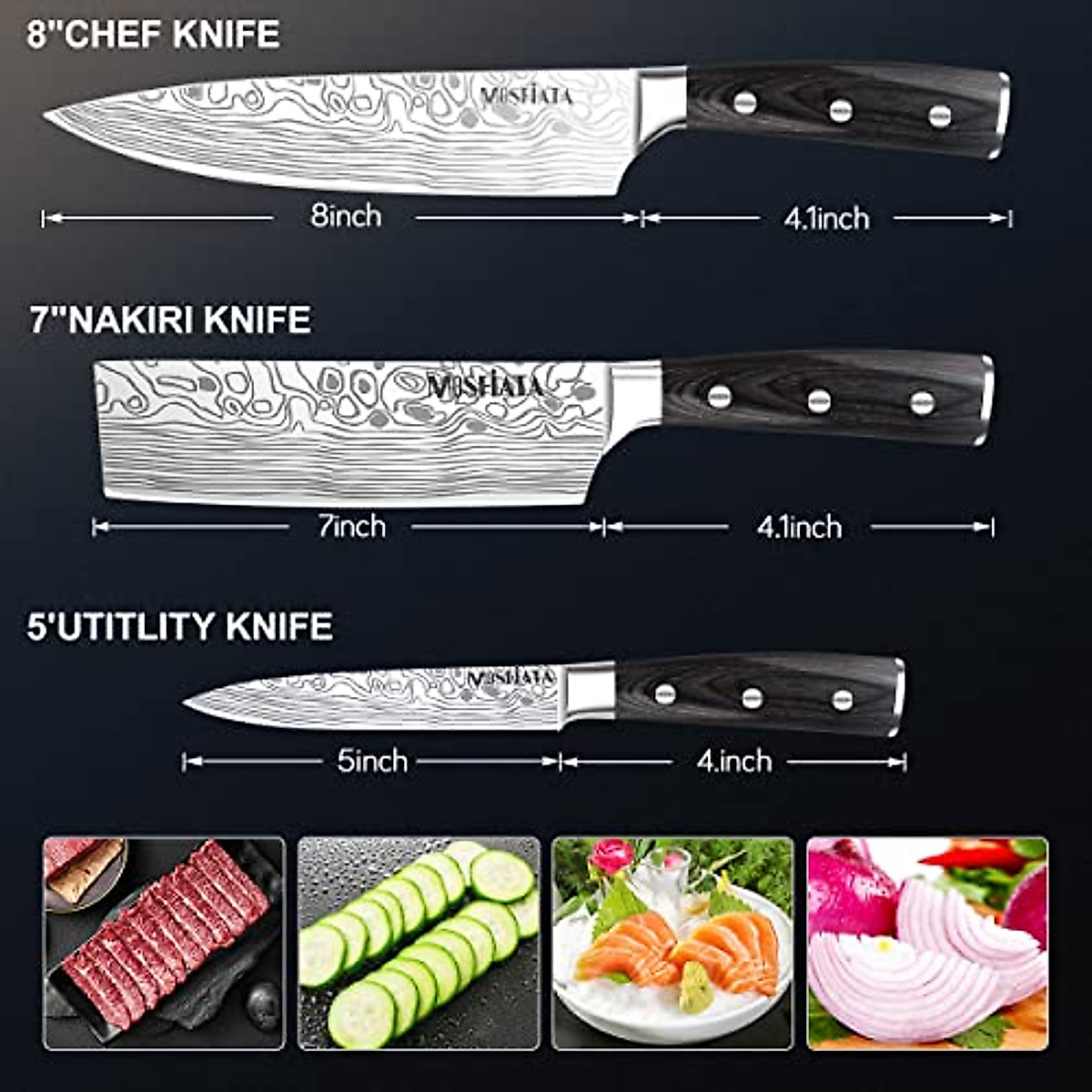 MOSFiATA Professional Chef Knife Set with German High Carbon Stainless Steel Kitchen Knife Set 3 PCS-8" Chefs Knife &7" Nakiri Knife&5" Utility Knife, Knives Set for Kitchen with Gift Box