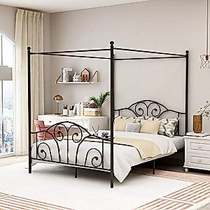 RYR Queen Size Canopy Bed Frame Four Poster Metal Platform Bed with Headboard Footboard, No Box Spring Needed Black