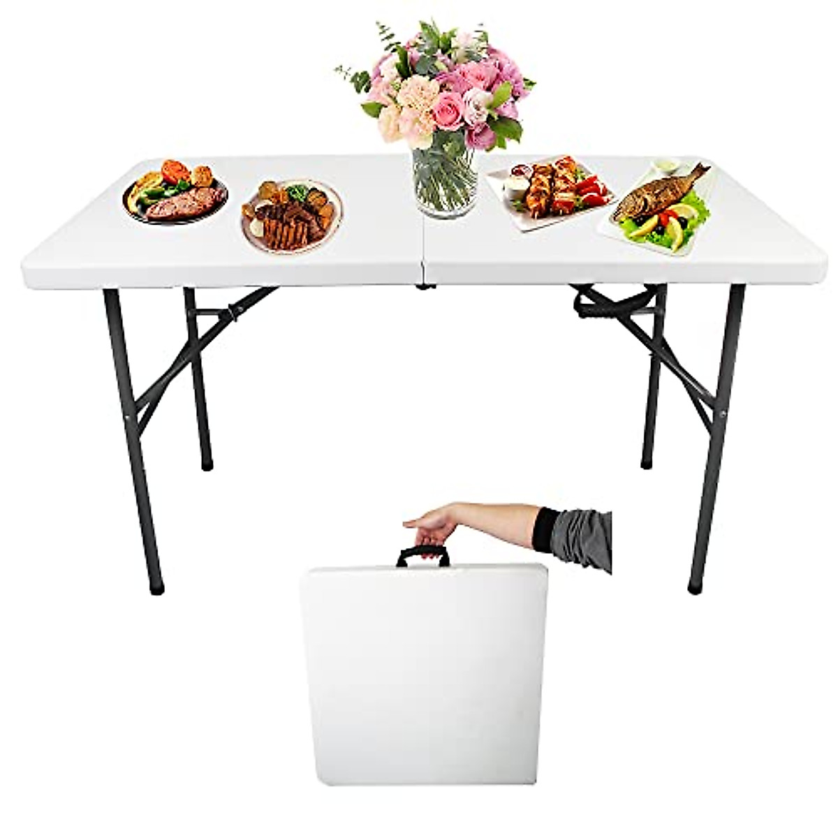 CMFTGDS 4ft Plastic Folding Table, Indoor Outdoor Folding Utility Table Plastic Dining Table for Picnic Party Camping, Portable w/Handle Fold Up Table with Lock, Adjustable Height, White