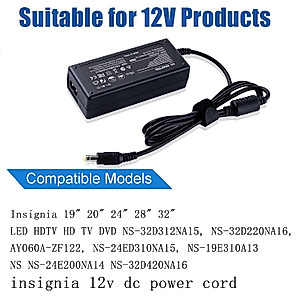 12V Ac Dc Adapter Power Cord for Insignia 19" 20" 24" 28" 32" LED HDTV HD TV NS-32D312NA15, NS-32D220NA16, AY060A-ZF122, NS-24ED310NA15, NS-19E310A13 NS NS-24E200NA14 NS-32D420NA16 Power Supply Cord
