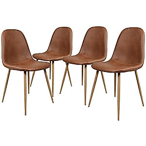 GreenForest Dining Chairs Set of 4, Washable PU Fuax Leather Dining Side Chair Mid Century Modern Dining Room Chairs Comfortable Upolstered Cushion Seat with Metal Legs for Home Kitchen, Camel Brown