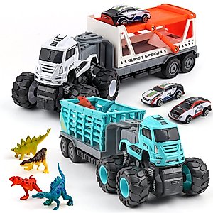 DY-GO Trucks Toy Set for 3+ Year Old Boys, Transport Car Carrier Truck Toys with Dinosaur Toys & Cars Toys for 3 4 5 6 7 Years Old Toddlers Boys and Girls for Birthday