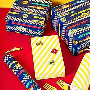 WRAPAHOLIC Reversible Wrapping Paper - Mini Roll - 17 Inch X 33 Feet - Racing Cars and Yellow Stripes Design Design for Birthday, Holiday, Baby Shower