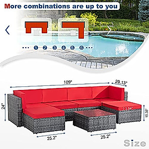 Walsunny 7pcs Patio Outdoor Furniture Sets,Low Back All-Weather Silver Gray Rattan Sectional Sofa with Tea Table&Washable Couch Cushions&Ottoman,Red