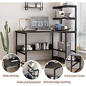 ALISENED Computer Desk with 4-Tier Storage Shelves, 43.3 inch Modern Large Office Desk Computer Table Studying Writing Desk Workstation with Bookshelf and Tower Shelf for Home Office