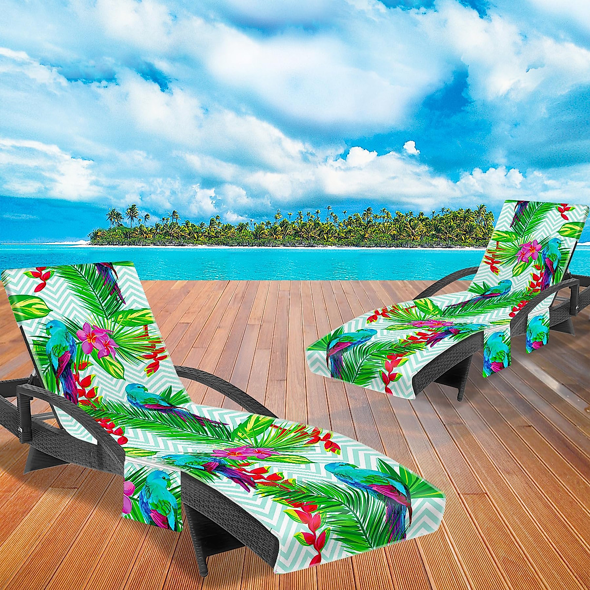 Ruikyhom Lounge Chair Towel Cover, Chaise Lounge Cover (Pack of 2), Beach Chair Covers with 3 Pockets for Pool Sunbathing Beach Garden Courtyard Outdoor Trips, 85 x30 in, Bird and Flower(Green)