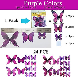 Ewong Butterfly Wall Decals 24PCS Room Decor Wall Art 3D Butterflies Mural Sticker Home Decoration Kid Girl Bedroom Bathroom Nursery Classroom Office Party Removable Decorative (Purple)