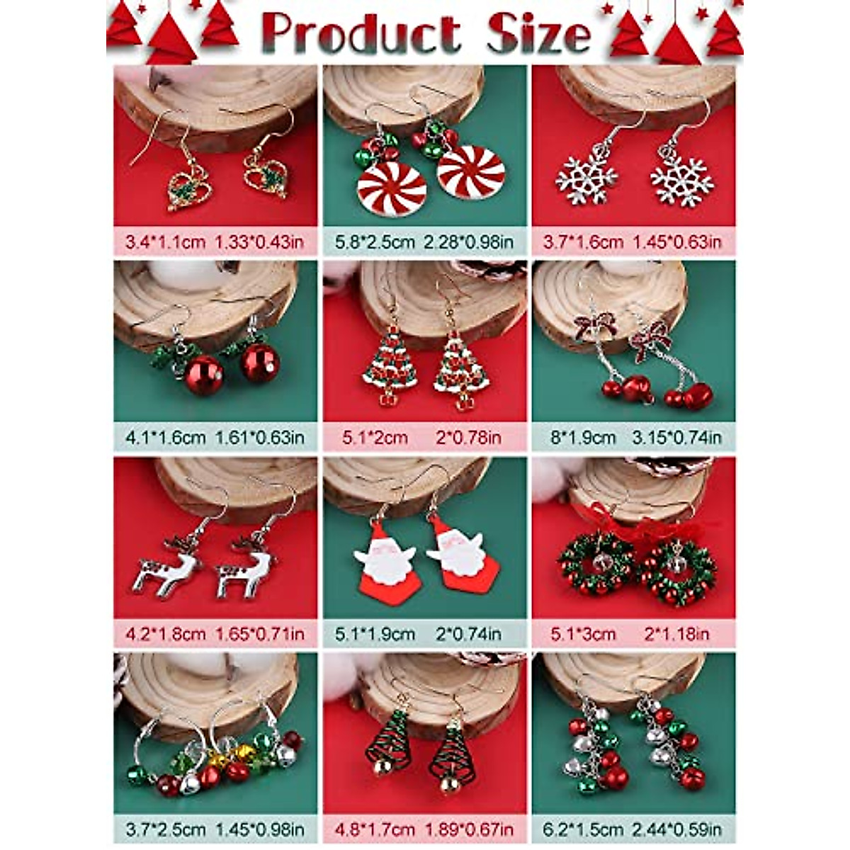 12 Pairs Christmas Dangle Earrings, Kalolary Christmas Tree Santa Claus Bow Jingle Reindeer Snowflake Plated Alloy Xmas Earrings Christmas Themed Pierced Hook Drop Earrings for Women
