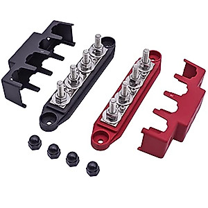 Red & Black Power Distribution Block with Cover,5/16" 4 Studs Bus Bar Power Distribution Block for Auto Marine Car Trailer RV Boat