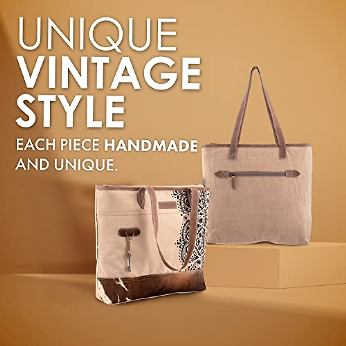 SIXTEASE Tote Bags for Women Large Tote Bag with Zipper Top - Genuine Leather Strap, Upcycled Canvas, Rug, Hair On and Hardware Accents - Vintage Style Hand Stitched - Emblem