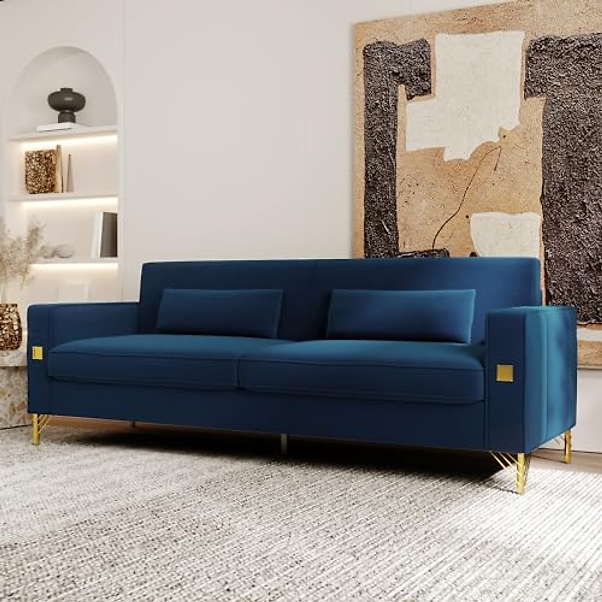 LostCat 85'' Velvet Sofa Couch Mid Century Modern Upholstered 3-Seater Loveseat with 2 Pillows and Armrest for Living Room, Apartment and Small Space, Retro Blue