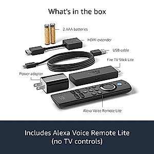Like-New Fire TV Stick Lite, free and live TV, Alexa Voice Remote Lite, smart home controls, HD streaming