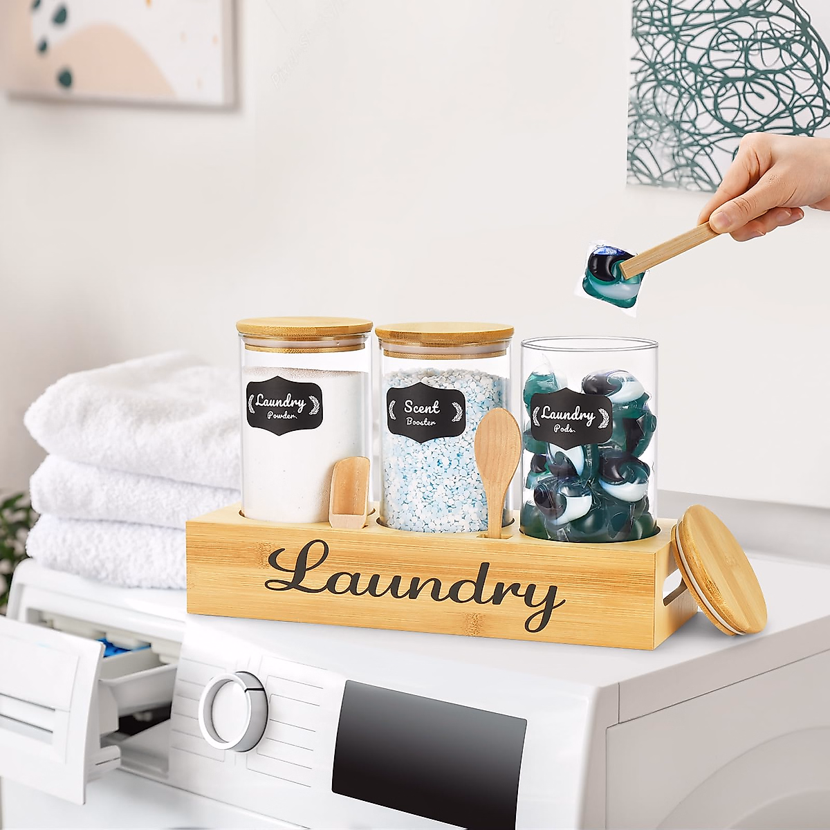 GADFISH Laundry Pods Container, Laundry Detergent Container for Laundry Detergent Pods, Powder, Scent Booster, Stain Remover, Laundry Room Organization - 3 Pack (with Wooden Tray & Spoon, Tong, Scoop)