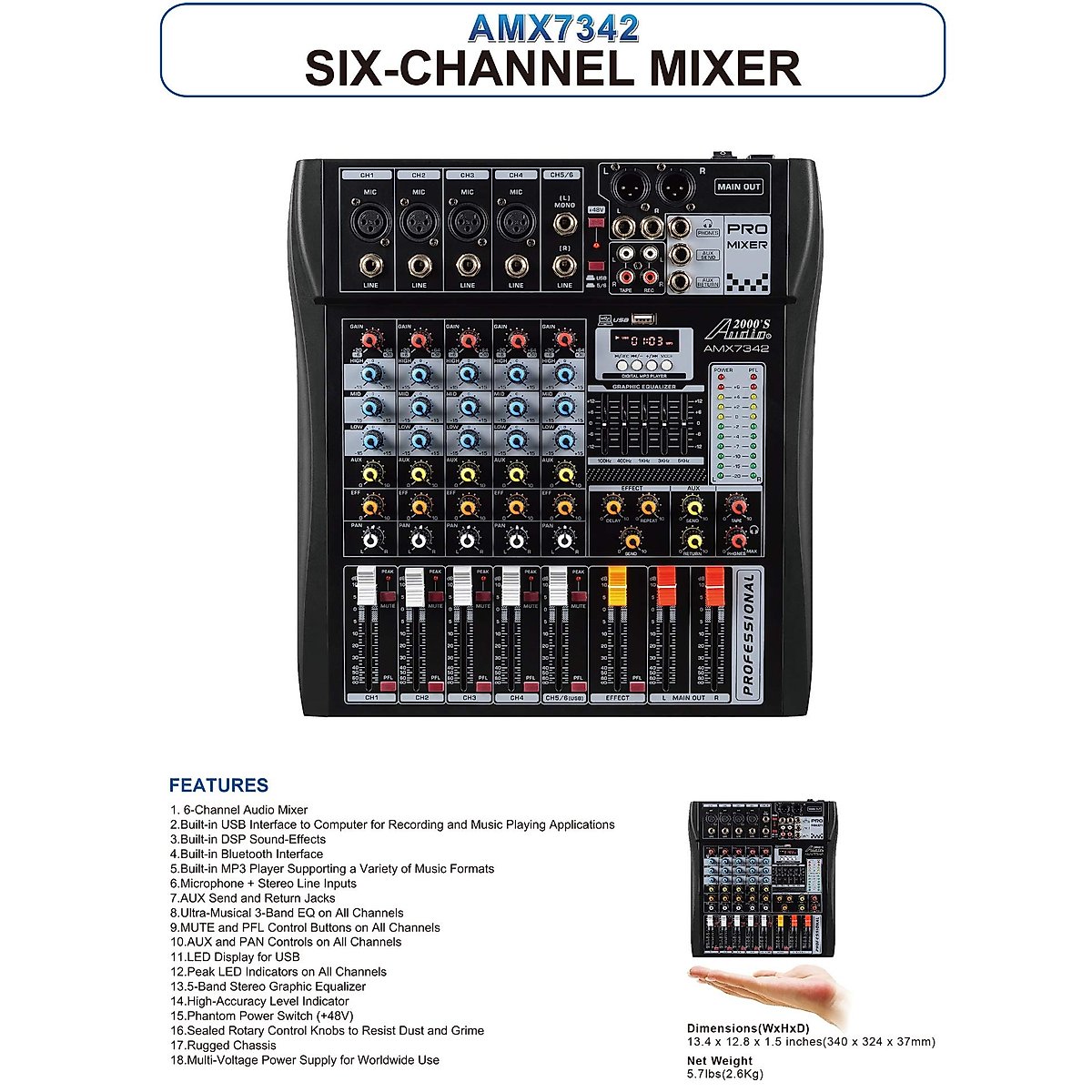 Audio2000'S AMX7342 Six-Channel Audio Mixer with USB Interface and Sound Effect
