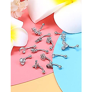 Vsnnsns 16G Rook Daith Piercing Jewelry Stainless Steel 8mm Curved Barbell Eyebrow Rings Helix Tragus Belly Lip Rings CZ Piercing Jewelry Cartilage Daith Rook Earrings for Women Men 12pcs Silve