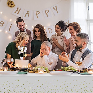 12 Pack White and Gold Dot Plastic Tablecloth, Gold Stamping Dot Confetti Rectangle Plastic Disposable Tablecloth for Birthday Wedding Baby Shower Engagement Anniversary Party Decorations, 54x108 Inch