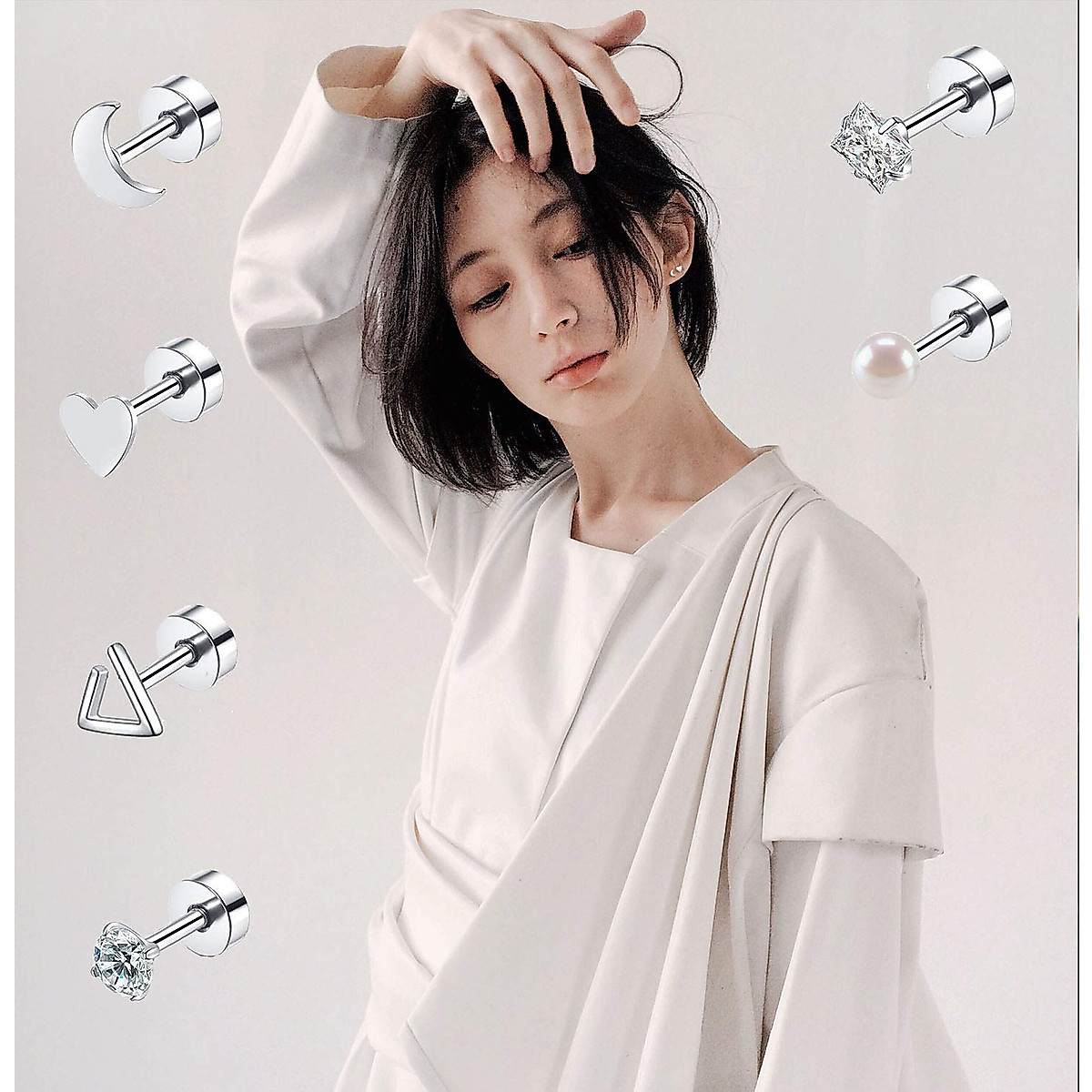 Flat Back Earrings Hypoallergenic,18 Pairs Stainless Steel Flat Back Stud Earrings for Women Men 20G Star Moon Heart Disc Ball CZ Cartilage Earrings Screw Back Flatback Earrings for Sensitive Ears