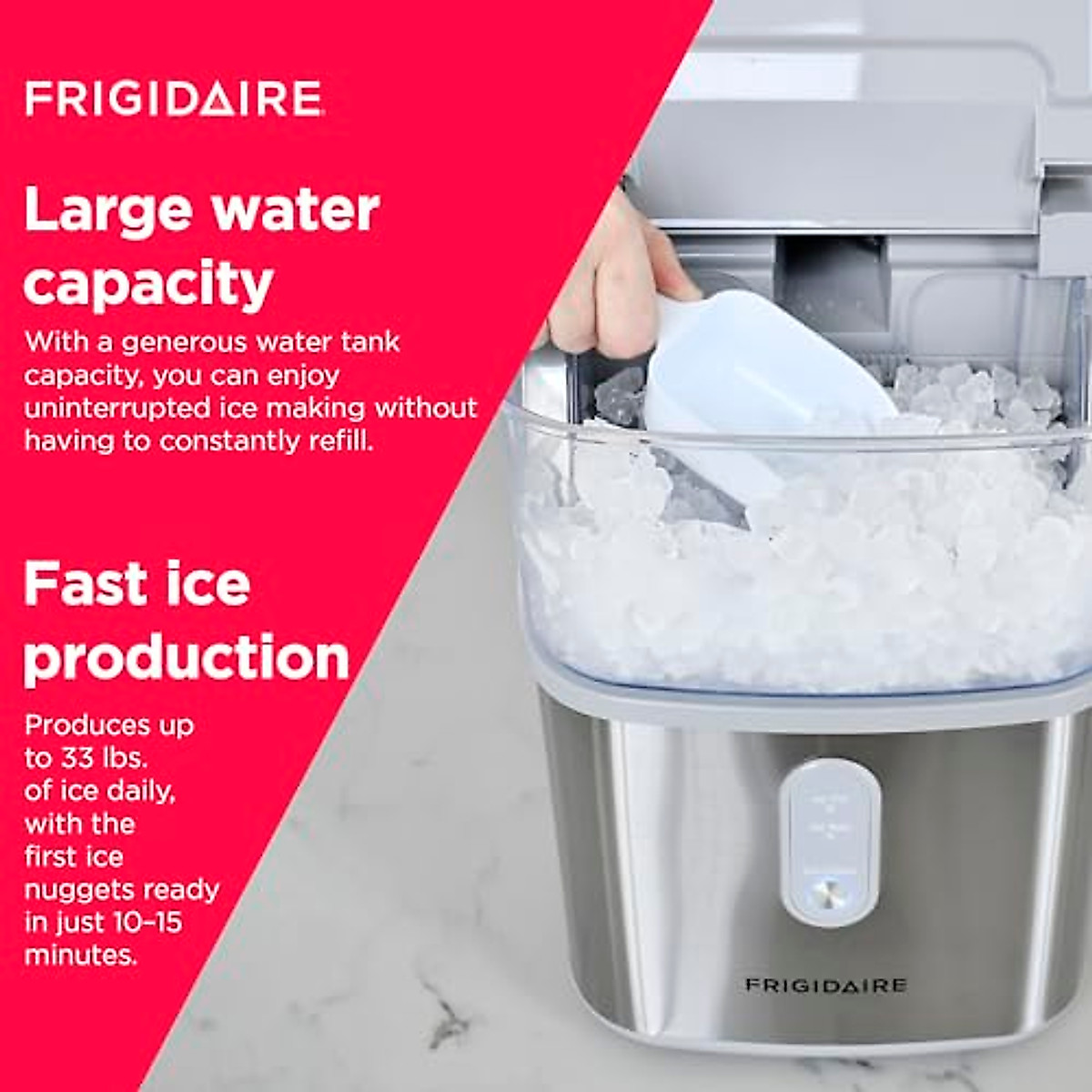 Frigidaire Countertop Crunchy Chewable Nugget Ice Maker, Compact, 33lbs per Day, Metallic Finish