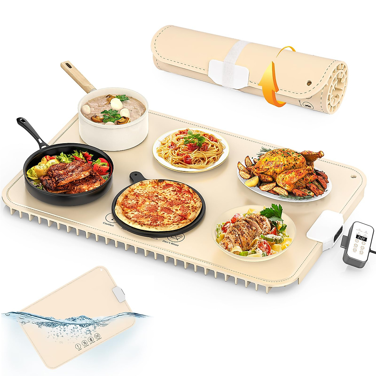 Food Warming Mat - Electric Warming Tray Full Surface Heating with Detachable Plug, Adjustable Temperature and 12 Hours Timer, Roll Up Food Warmers for Parties Buffet, Gathering, Holiday(Beige)