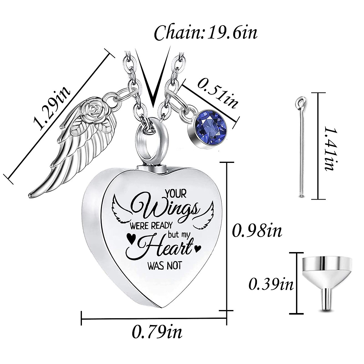 Heart Urn Necklace for Ashes with 12 Birthstones, Cremation Ashes Jewelry Keepsake with Angel Wing - Your Wings were Ready, But My Heart was Not (Your Wings were Ready)