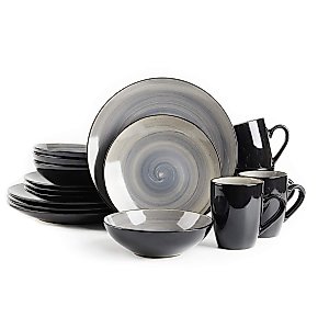 HomeVss, Stoneware Sonoma 16pc Dinnerware Set, Black + Speckled Spin Wash Grey