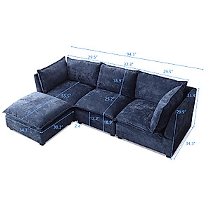 GNIXUU Cloud Modular Sectional Sofa, Convertible Large L-Shape Feather Filled Comfort Sectional Sofa with Ottoman, Linen Deep 4 Seat Couches for Living Room. Washable Cover, Blue