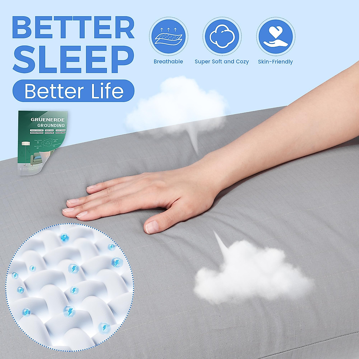 Grounding Pillowcase King with 15ft Grounding Cord Conductive Grounding Pillowcase 20x36in Silver Fiber Improve Sleep Reduce Stress Anxiety Relief Gray 1pc