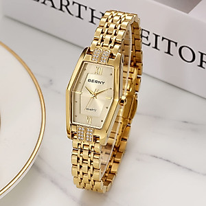BERNY Gold Watches for Women Dainty Hexagon Ladies Quartz Wrist Watches Stainless Steel Band Fashion Analog Watch Luxury Bracelet(Gold Dial)