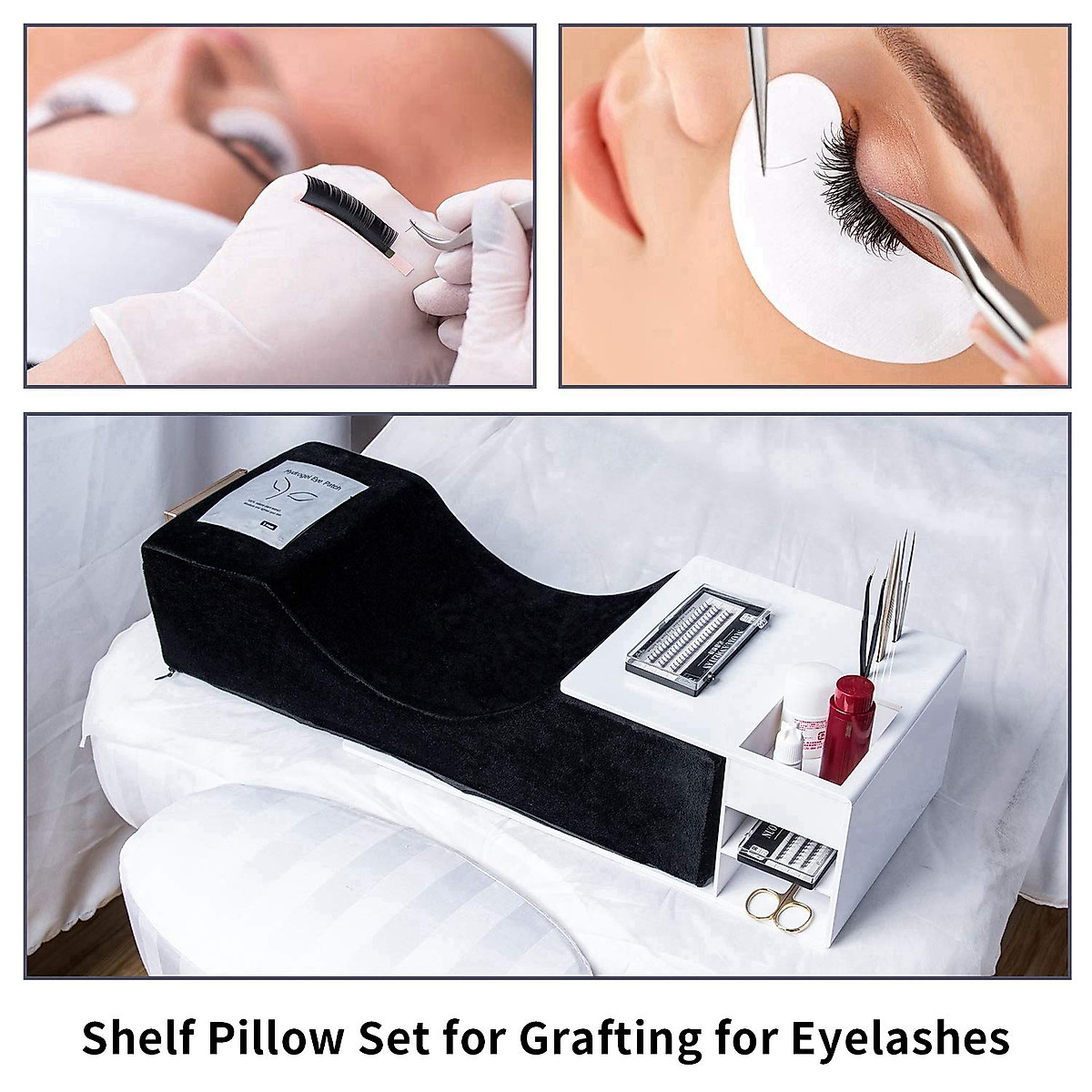 Eyelash Extension Neck Pillow With Acrylic Shelf Organizer Stand, Velvet Warm Lash Extension Grafting Pillow Makeup Tool Display Cabinet Shelves - White Shelf + Black Pillow(Velvet Pillowcase)