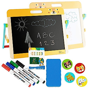 Children's Wooden Tabletop Easel with Double-Sided Magnetic Whiteboard & Chalkboard, Arts & Crafts Portable Easel Includes Dry Erase Marker, Chalk, Magnetic Letters & Extra Magnets, Ages 3 and Up