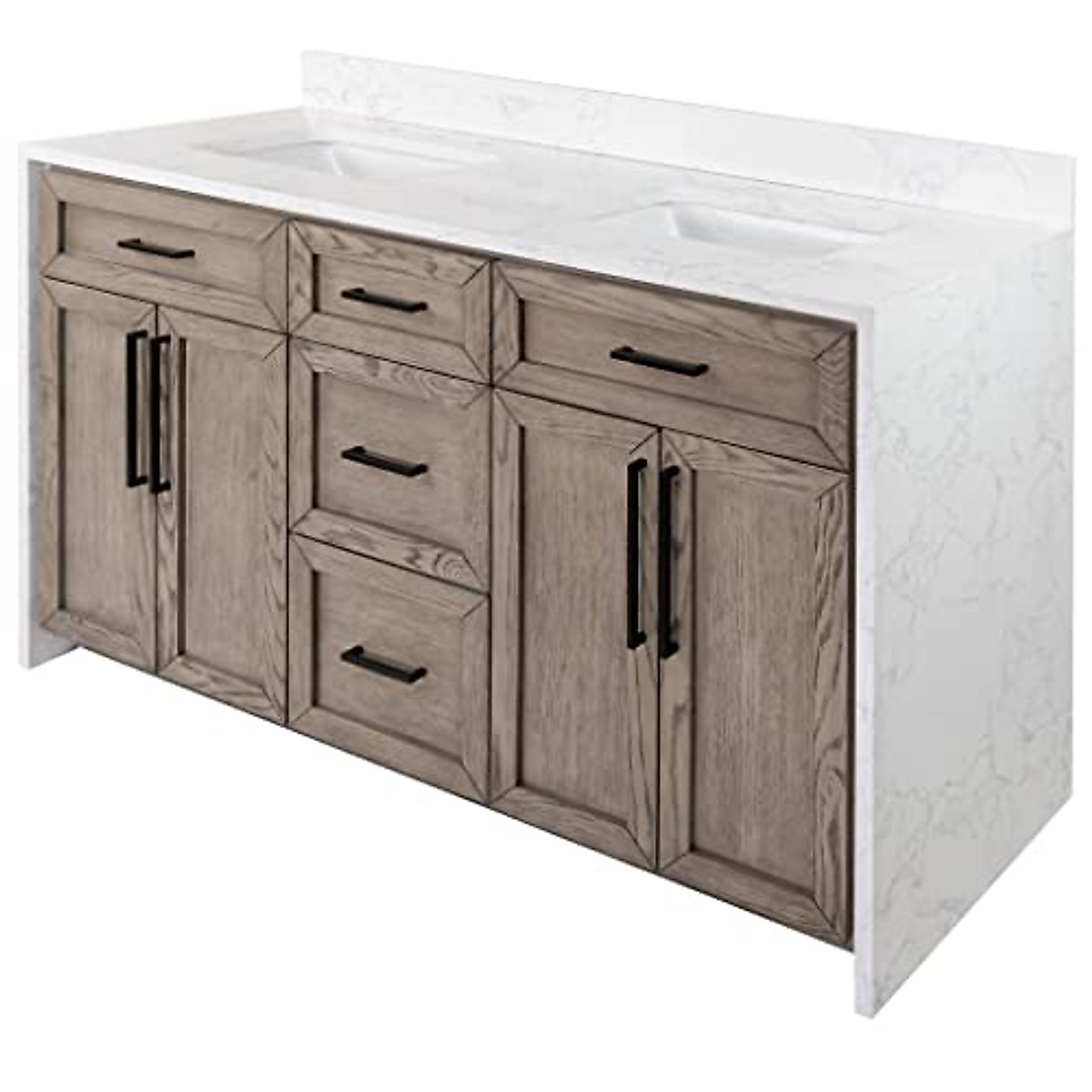 Kitchen Bath Collection Palisade 60-inch Double Bathroom Vanity (Engineered Marble/Gray Oak): Includes Gray Oak Cabinet with Engineered Marble Waterfall Countertop and White Ceramic Sinks