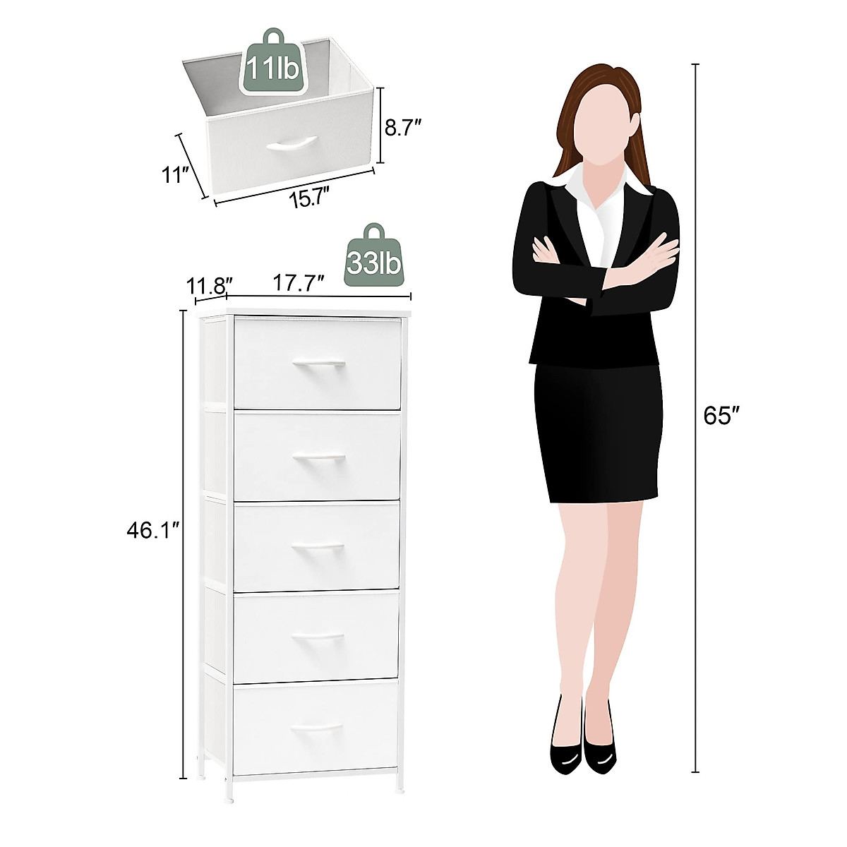 Crestlive Products Tall Dresser Vertical Storage Tower - Sturdy Steel Frame, Wood Top, Easy Pull Fabric Bins - Organizer Unit for Bedroom, Hallway, Entryway, Closets - 5 Drawers(White)