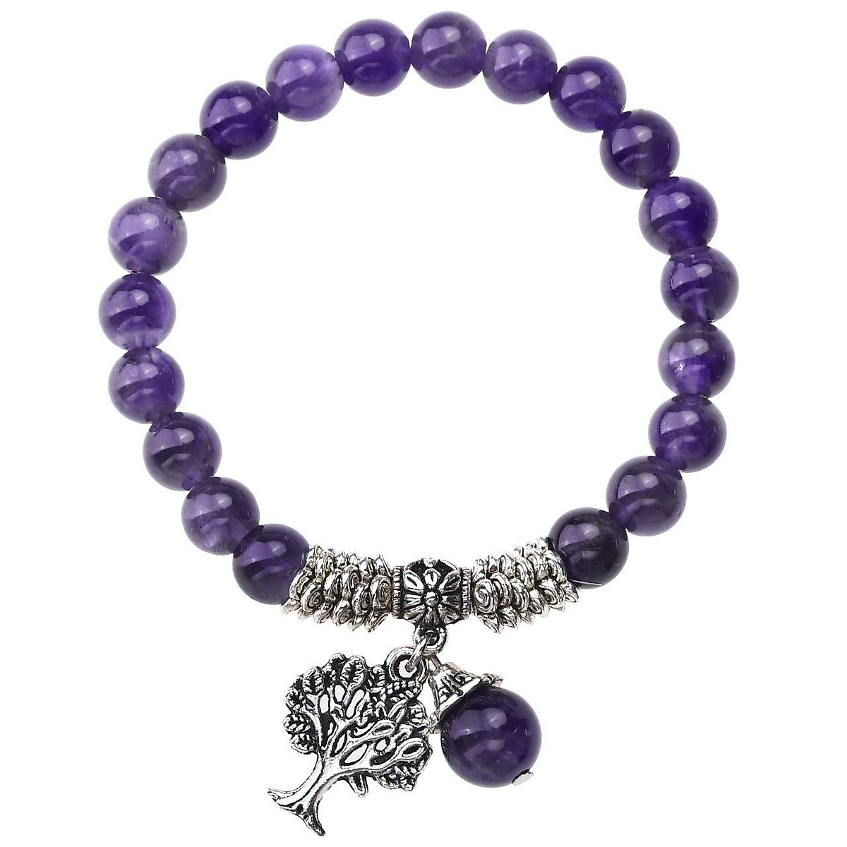 Jovivi 8MM Purple Amethyst Natural Gemstone Healing Crystals Point Life Tree Lucky Charm Stretch Bracelet