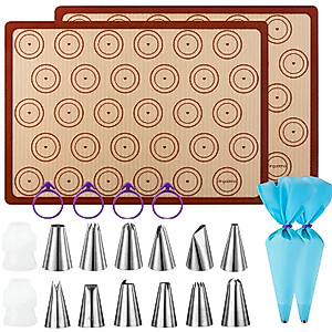 Angadona Macaron Baking Kit Silicone Mat - (22pcs set), 2 Half Sheet Macaron Silicone Mat,12 Piping Tip,2 Piping Bag with 4 Bag Tie,2 coupler, macaroon baking supplies
