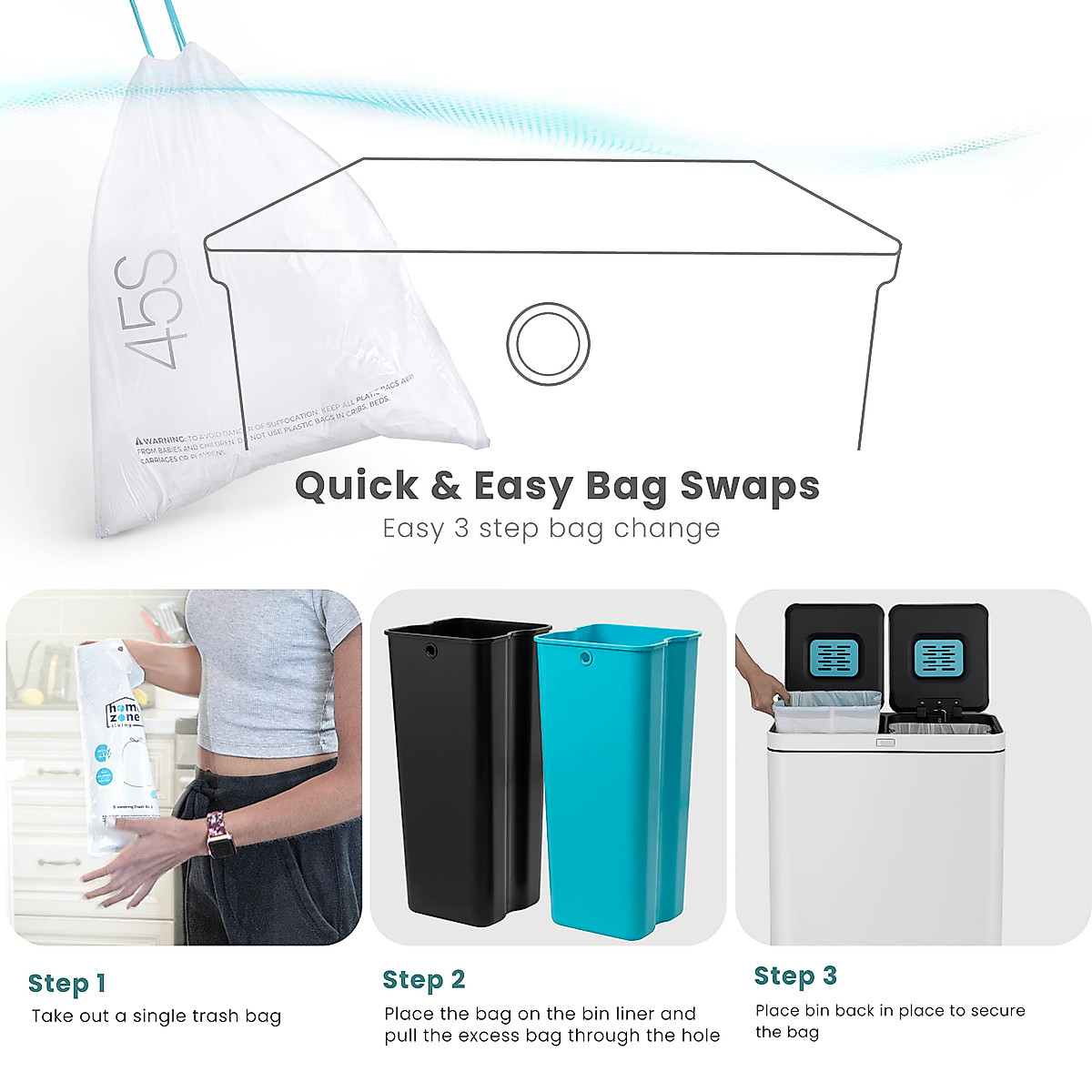 Home Zone Living 15.8 Gallon Kitchen Trash Can, Dual Removable Liners for Recycling and Trash, CleanAura Odor Control, Wide Stainless Steel Shape, Matte White (7.9 + 7.9 for 15.8 Gallon Total)