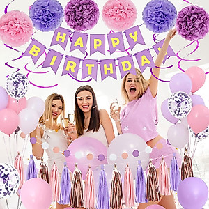 Purple Pink Birthday Party Decorations for Women Girls with Happy Birthday Banner,Hanging Swirls,Tissue Paper Pompoms,Circle Dots Garland,Tassel Garland Purple Birthday Balloons (Purple)