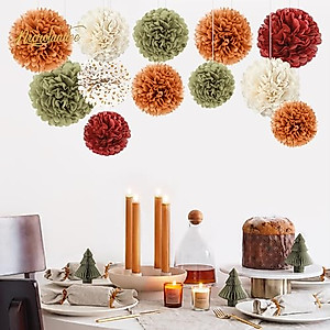 NICROLANDEE Fall Party Decorations, 12 PCS Pumpkin Orange Burgundy Sage Green Ivory Tissue Pom Poms Thanksgiving Decor for Home, Wedding, Birthday, Autumn Harvest Party Supplies