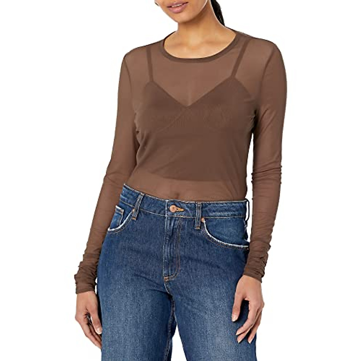 The Drop Women's Zander Mesh Long Sleeve Blouse, Coffee Bean, XXL, Plus Size