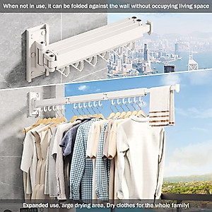 CHAHUANV Clothes Drying Rack,Laundry Drying Rack, Drying Rack Wall Mount,Wall Mounted Clothes Rack,Drying Rack Clothing,Retractable Laundry Rack for Hanging Clothes,Collapsible,Foldable,White-Hooks