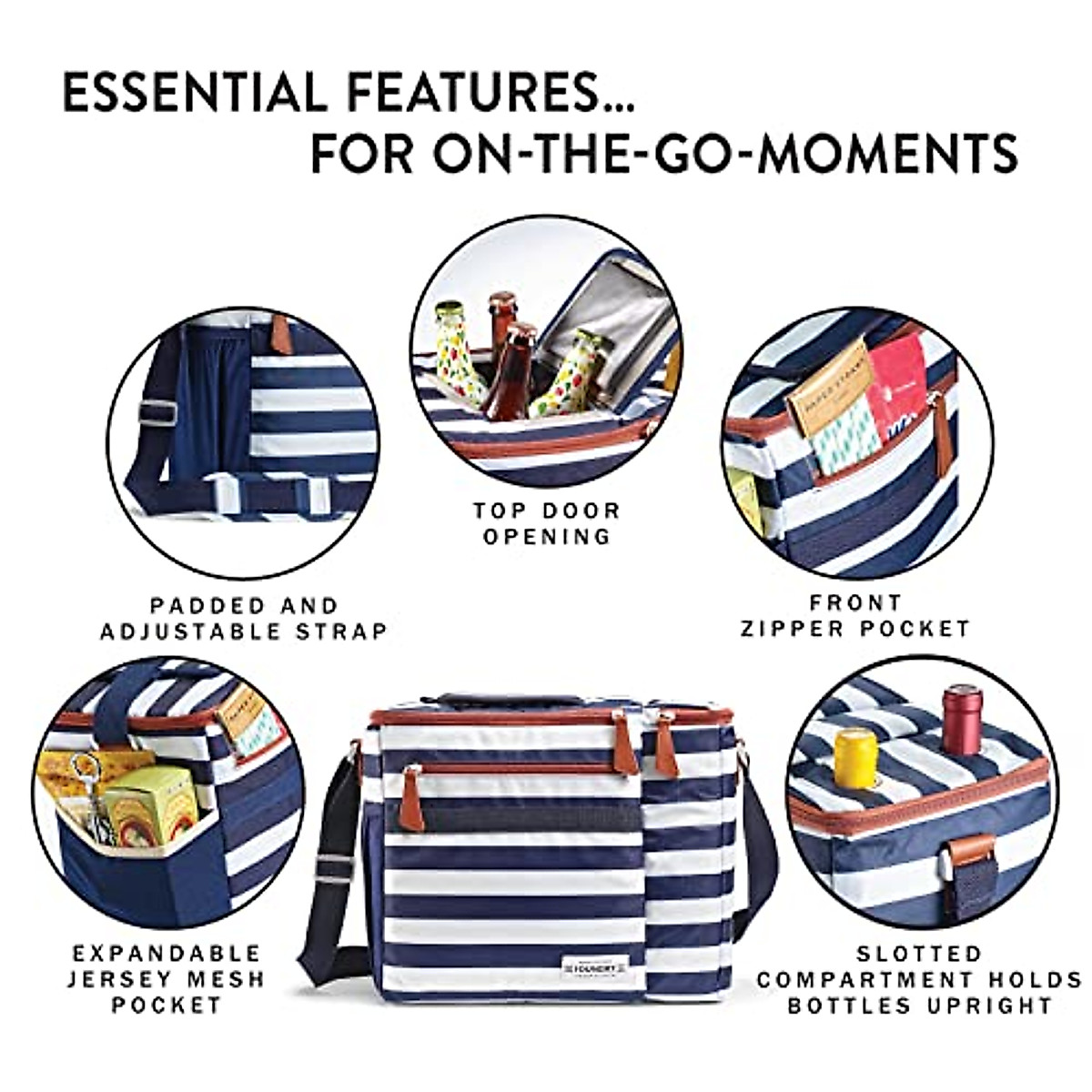 Foundry by Fit + Fresh, Brooks Dual-Compartment Insulated Cooler Bag with Wine Cooler Compartment, Food & Beverage Beach Bag, Picnic Basket, Perfect for Tailgating & Camping Accessories, Navy Stripe