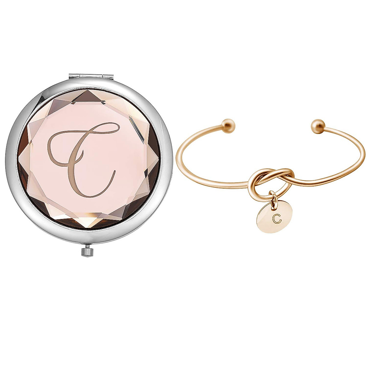 Compact Crystal Pocket Makeup Mirrors,Letter ABCD Mirrors Set Include 1 Letter Mirror 1 Letter Love Knot Bracelets for Bachelorette Party Bridesmaid Proposal Gifts ,Wedding Party Gifts. (Champagne C)