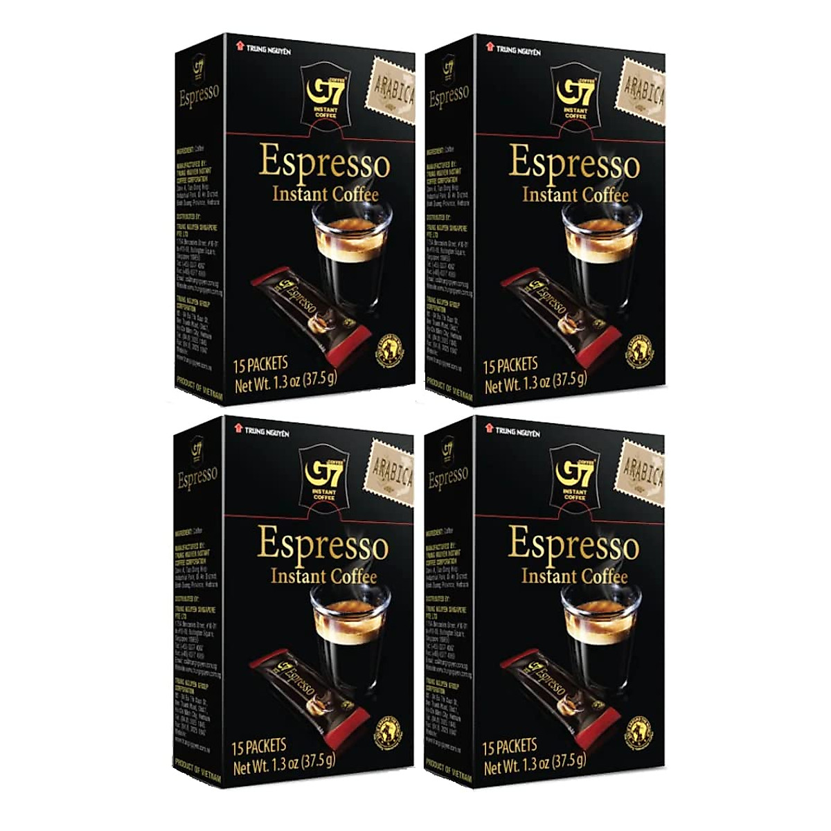 Trung Nguyen — G7 Instant Coffee — Espresso — 100% Arabica Coffee — Strong and Bold — Instant Vietnamese Coffee (15 Packets/Box, 4-Pack)