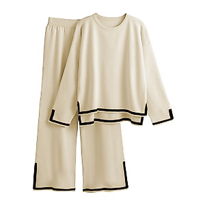 Tanming Women's 2 Piece Outfits Long Sleeve Knit Sweater Top Wide Leg Pants Lounge Sets Tracksuits (Apricot-M)